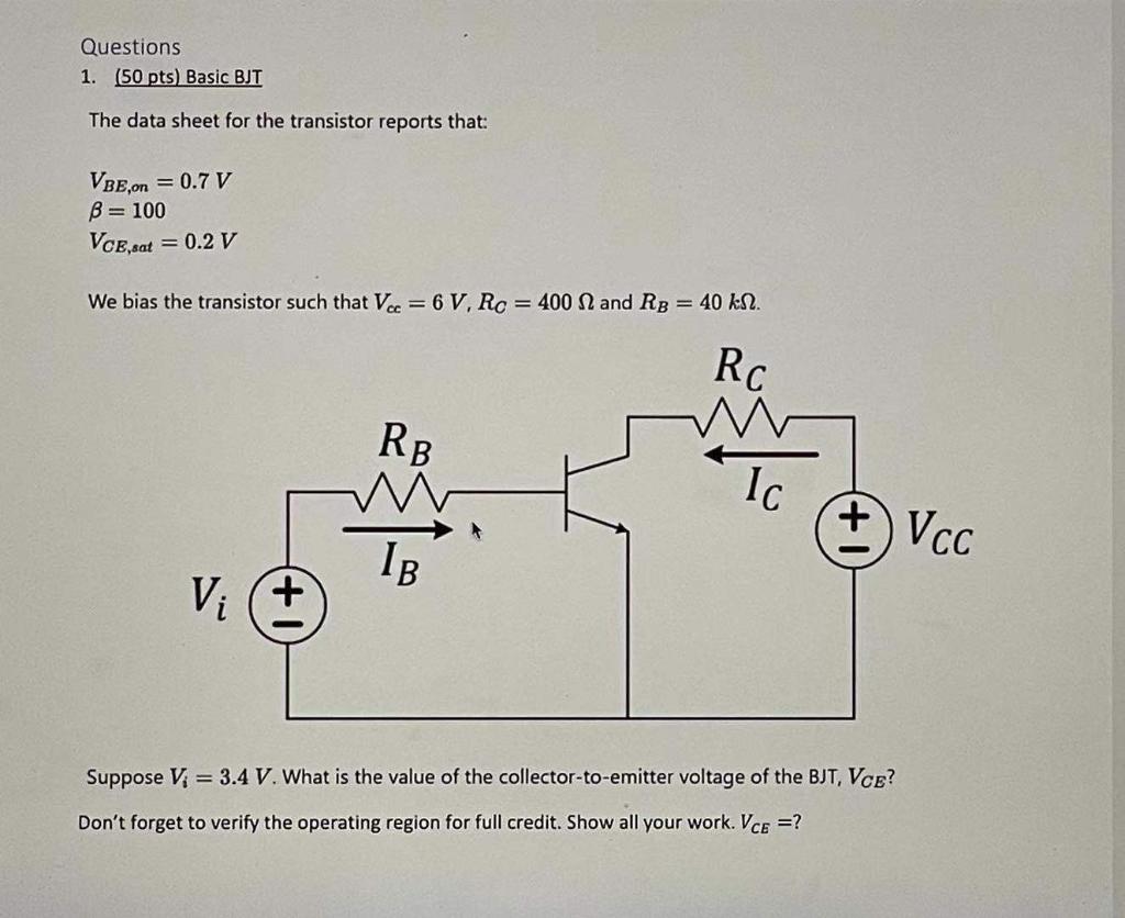Solved Questions 1. (50 pts) Basic BJT The data sheet for | Chegg.com