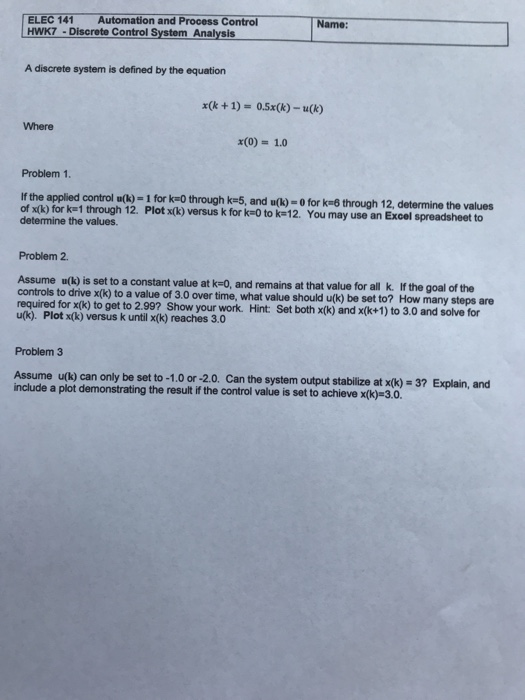 ELEC 141 Automation and Process Control HWK7 | Chegg.com