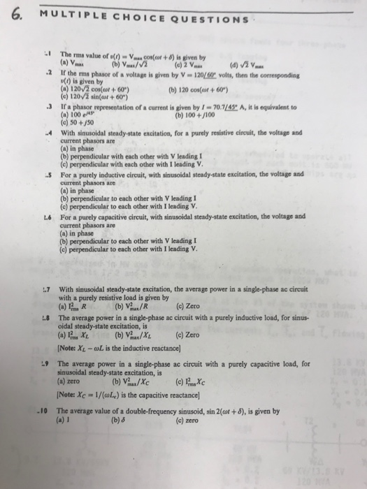 Solved 6. MULTIPLE CHOICE QUESTIONSs .1 The rms value of (a) | Chegg.com