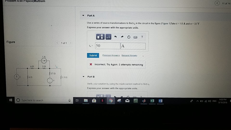Solved Problem 4.60 PSpice Multisim K) 11 of 16 Part A Use a | Chegg.com