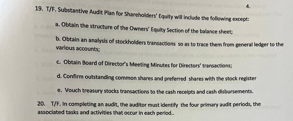 Solved 19. T/F. Substantive Audit Plan for Shareholders' | Chegg.com
