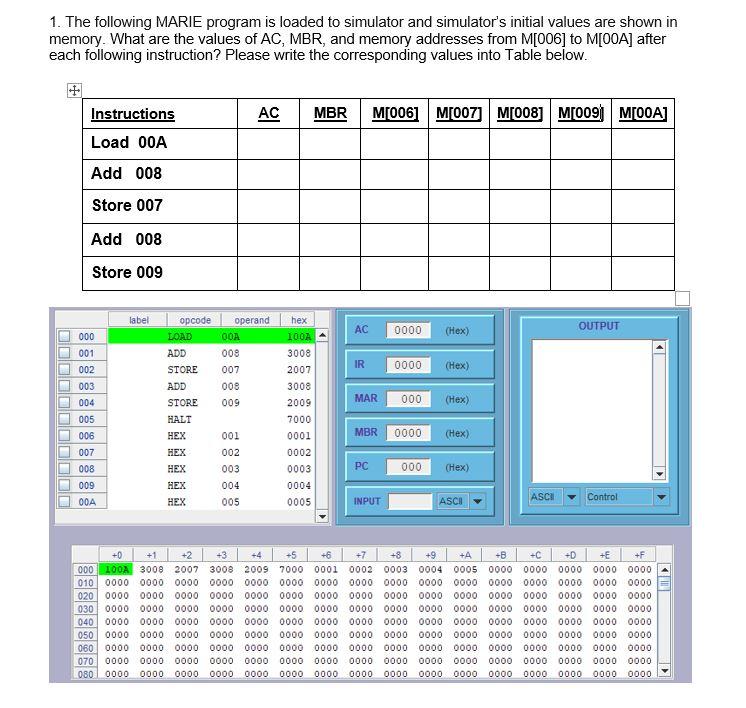 1. The following MARIE program is loaded to simulator | Chegg.com