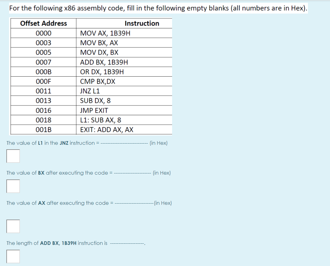 Solved For the following x86 assembly code, fill in the | Chegg.com