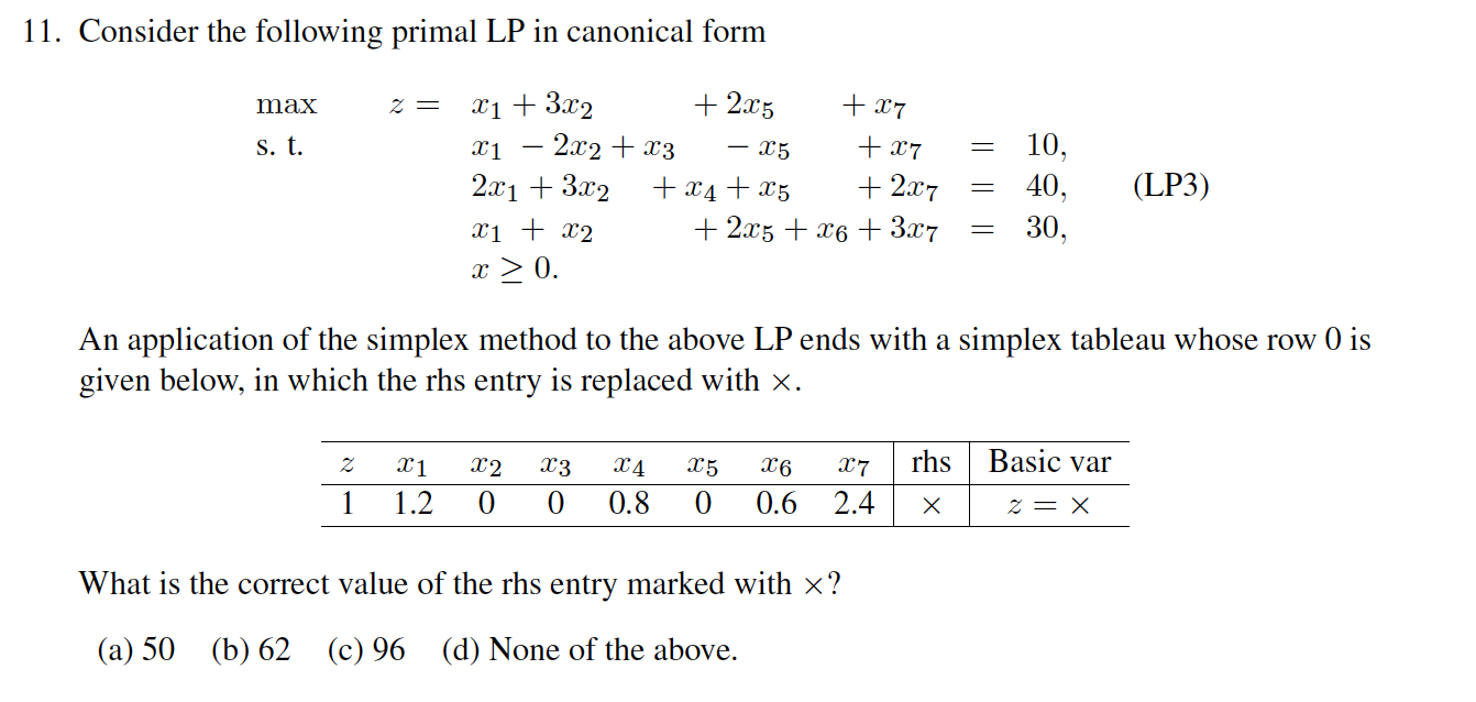 Solved 11. Consider the following primal LP in canonical | Chegg.com