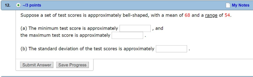 Solved 12. -/3 points My Notes Suppose a set of test scores | Chegg.com