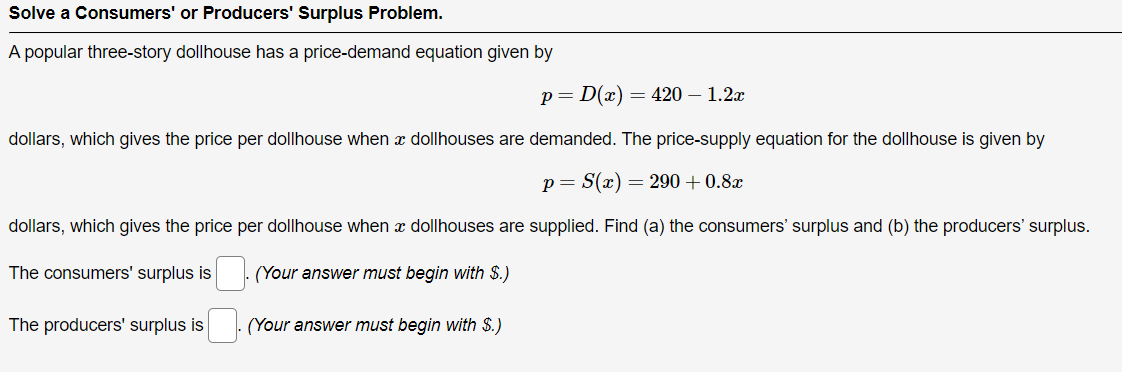 Solved Solve a Consumers' or Producers' Surplus Problem.A | Chegg.com