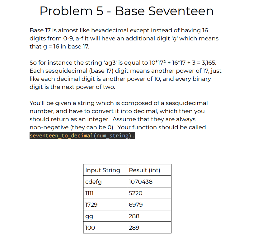 Solved Problem 5 - Base Seventeen Base 17 is almost like | Chegg.com