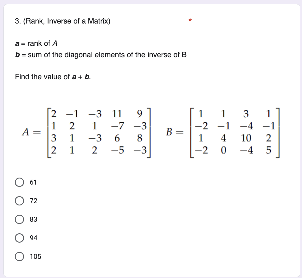 (Rank, ﻿Inverse of ﻿a Matrix)a= ﻿rank of Ab= ﻿sum of | Chegg.com