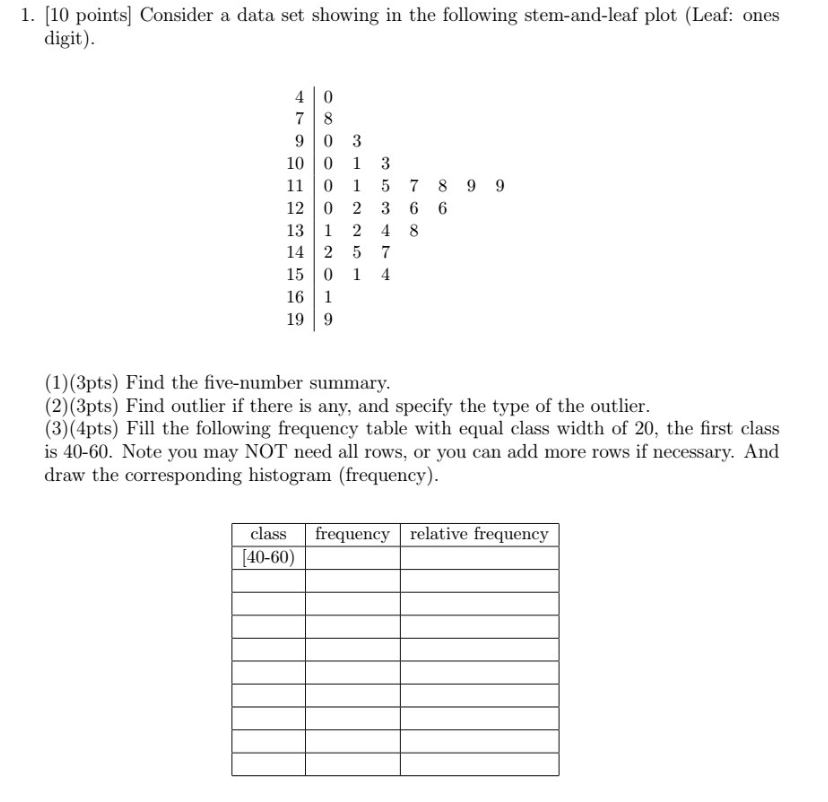 Solved 1. (10 points) Consider a data set showing in the | Chegg.com