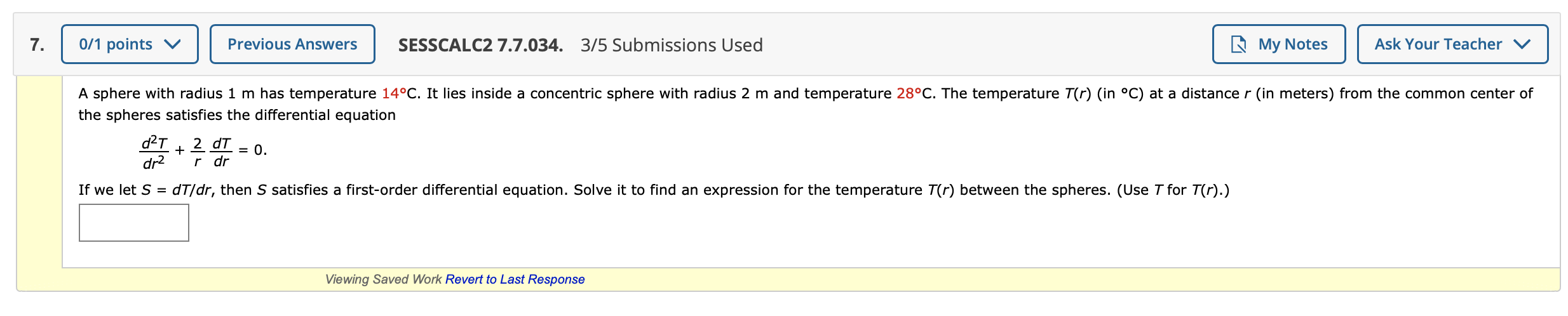 Solved 7. 0/1 points V || Previous Answers SESSCALC2 | Chegg.com