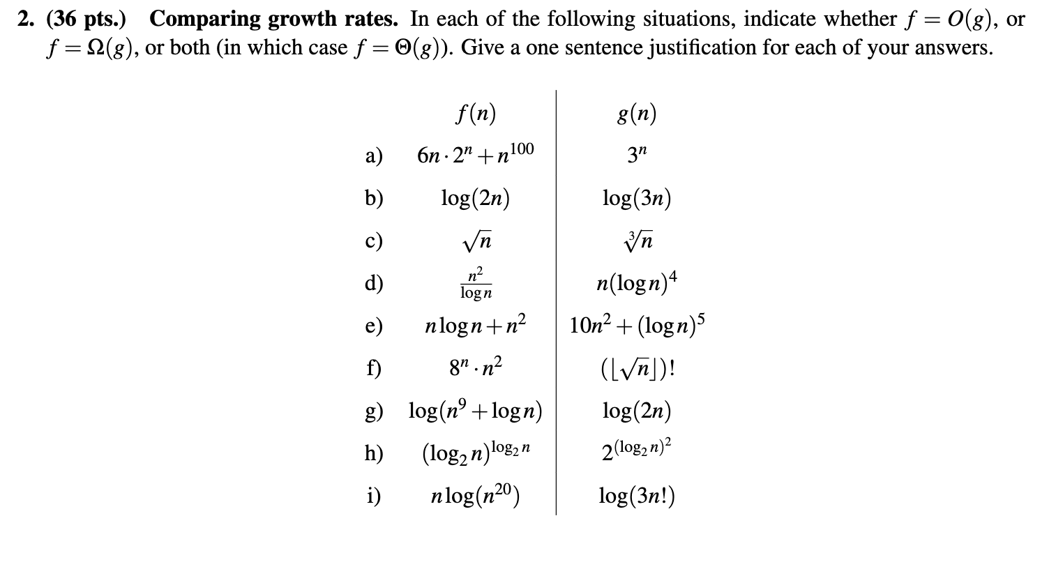 Solved 2. (36 pts.) Comparing growth rates. In each of the | Chegg.com