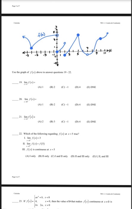 Solved Name Worksheet 1.1-Limits&Continuity Short Answer: | Chegg.com