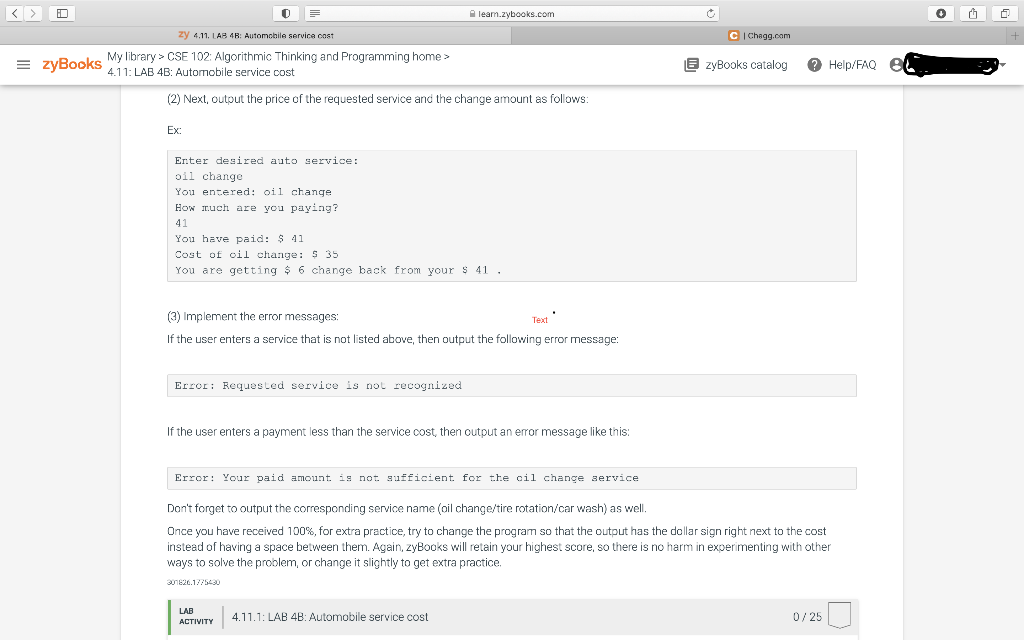 Solved D leam.zybooks.com C Chegg.com zy 4.11. LAB 4B: | Chegg.com