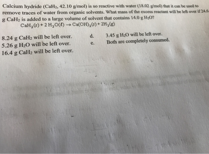 Solved Calcium hydride (Ca2, 42.10 g/mol) is so reactive | Chegg.com
