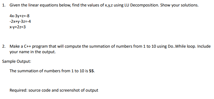 1. Given the linear equations below, find the values | Chegg.com