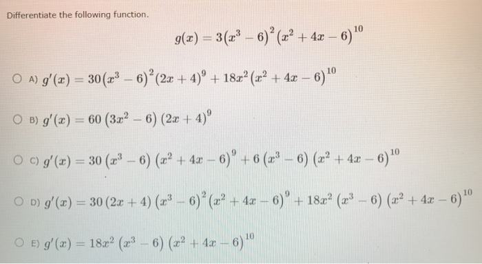 Solved Differentiate the following function. g(x) = 3(x^3 - | Chegg.com
