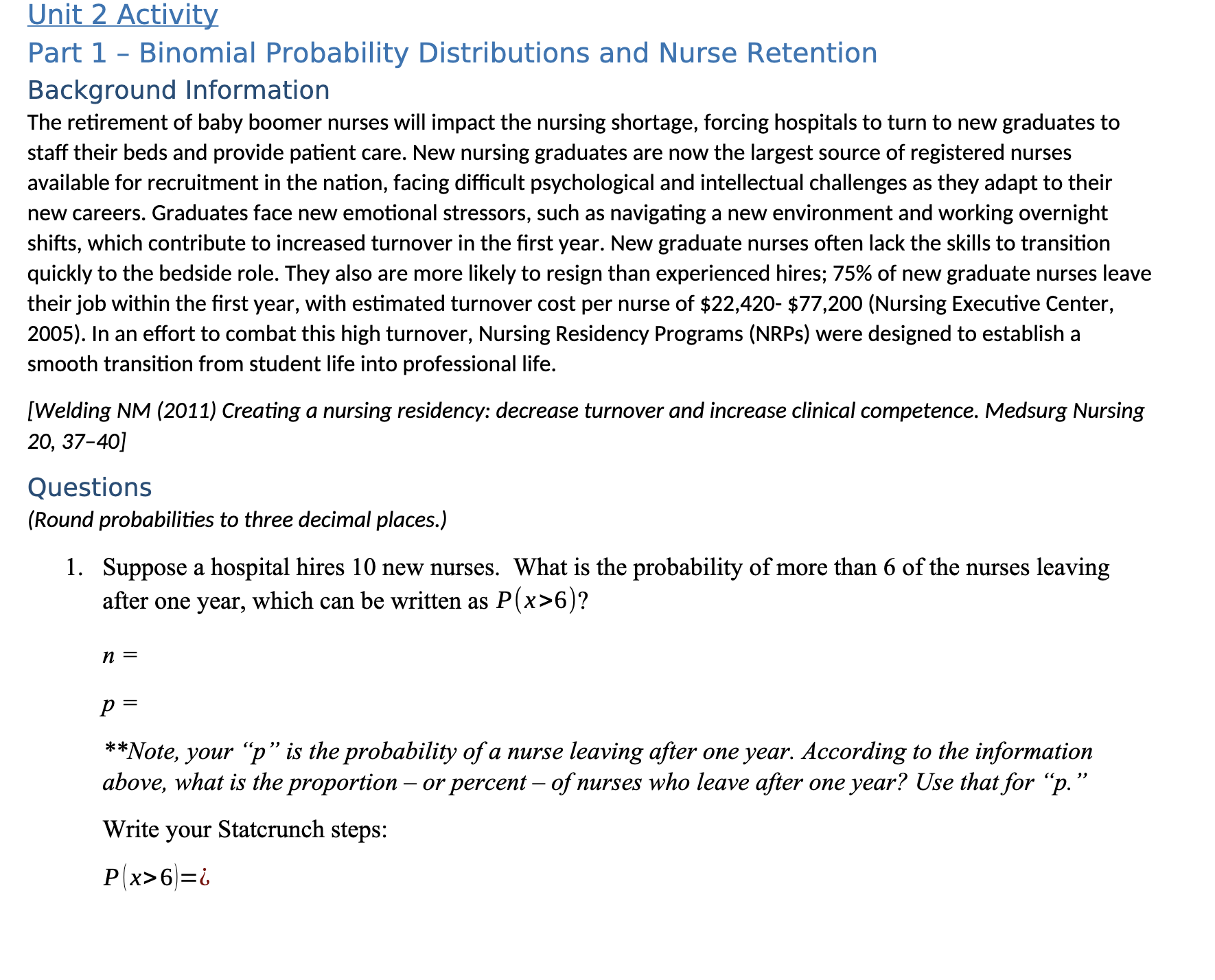 Solved Part 1 - Binomial Probability Distributions and Nurse | Chegg.com