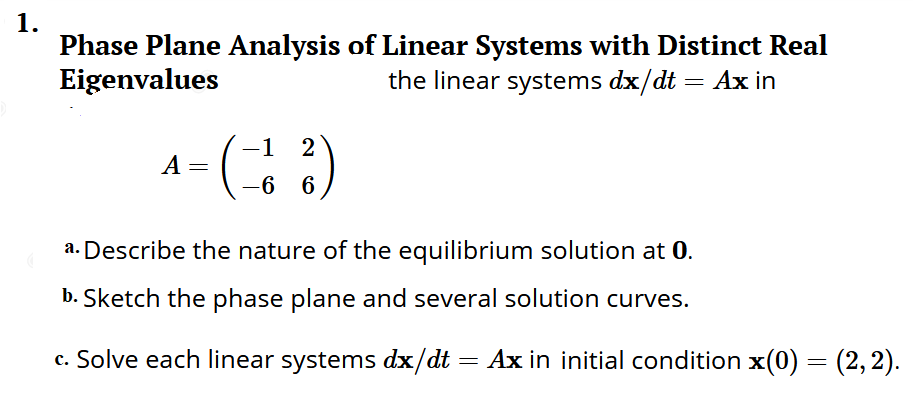 Solved 1. Phase Plane Analysis of Linear Systems with | Chegg.com