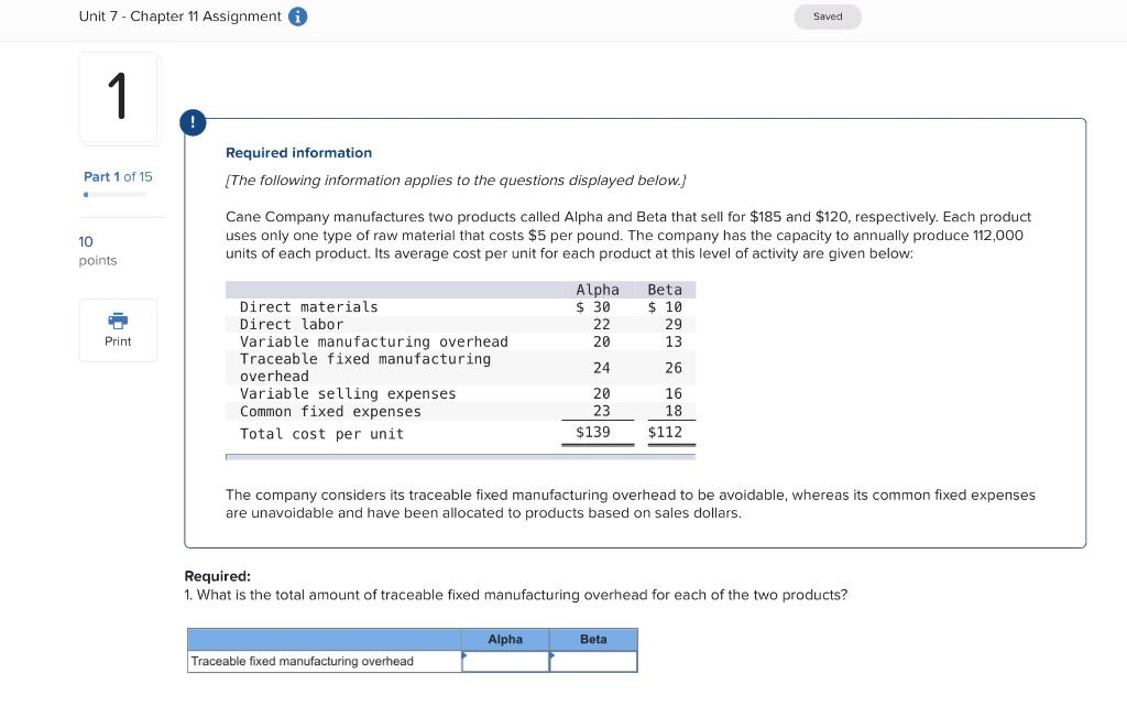 Solved Unit 7 - Chapter 11 Assignment Saved 1 Required | Chegg.com