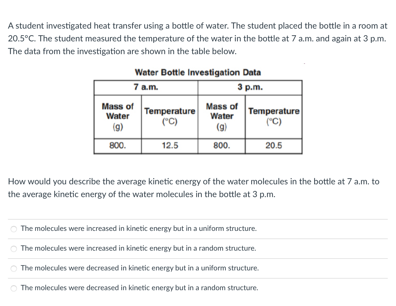 Solved A student investigated heat transfer using a bottle | Chegg.com
