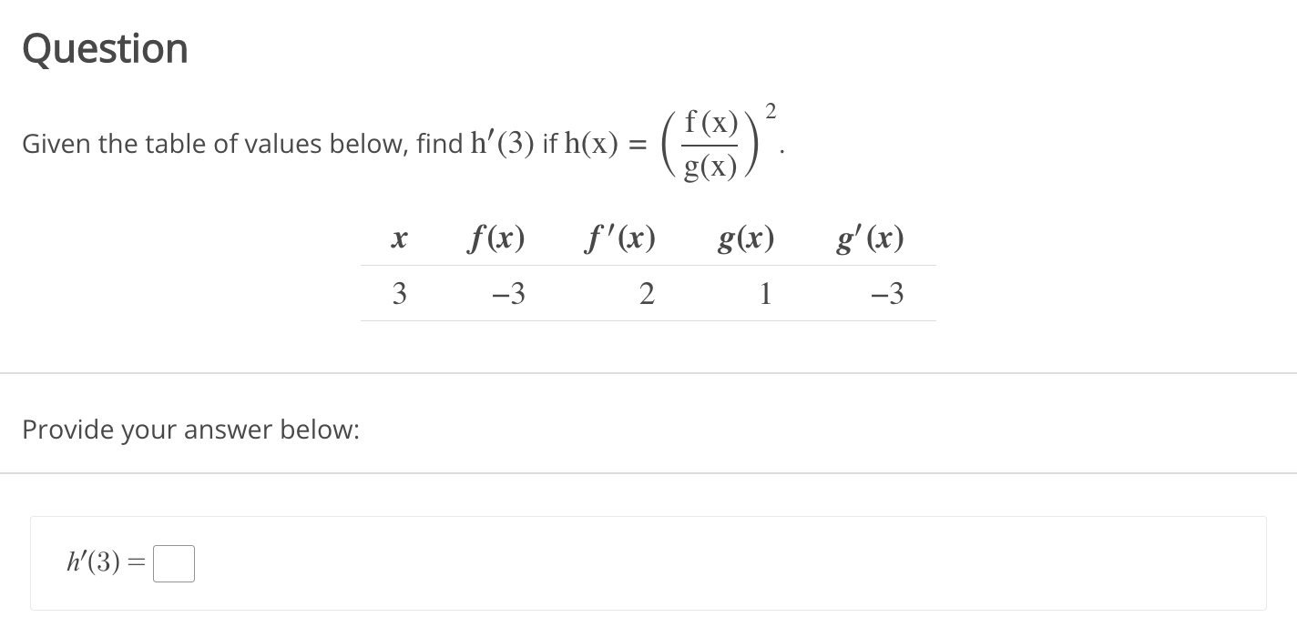 Solved Given the table of values below, find h′(3) if | Chegg.com