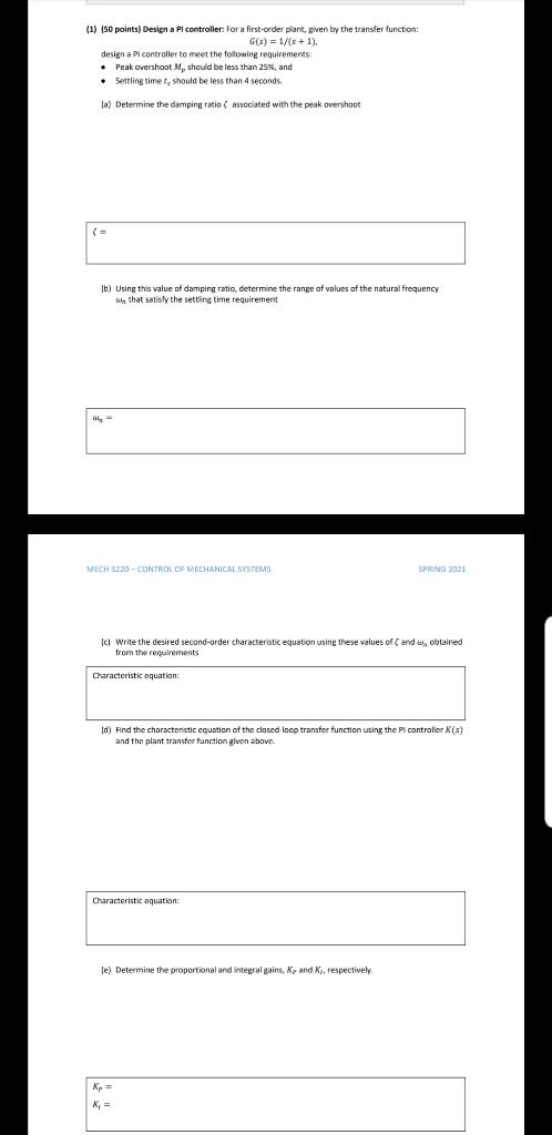 Solved Design a PI controller: For a first-order plant, | Chegg.com