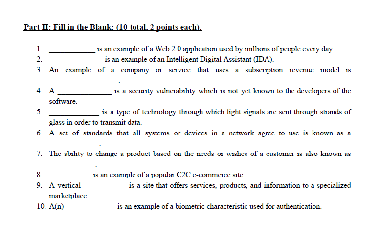 Solved Part II: Fill in the Blank: (10 total, 2 points | Chegg.com