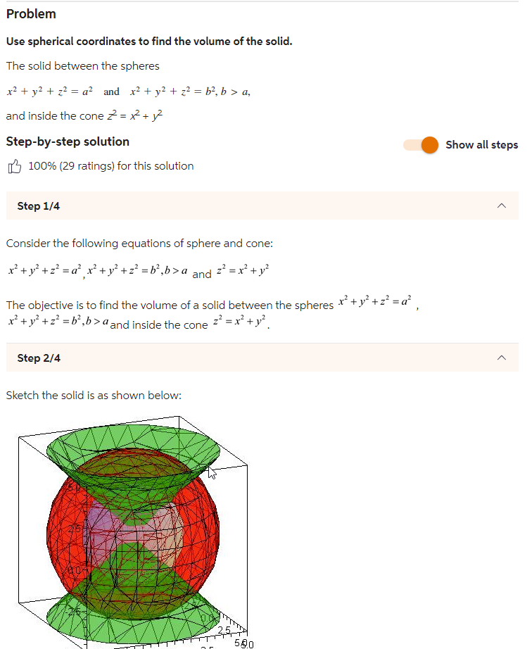 Solved x2+y2+z2=a2 and x2+y2+z2=b2,b>a, and inside the cone | Chegg.com