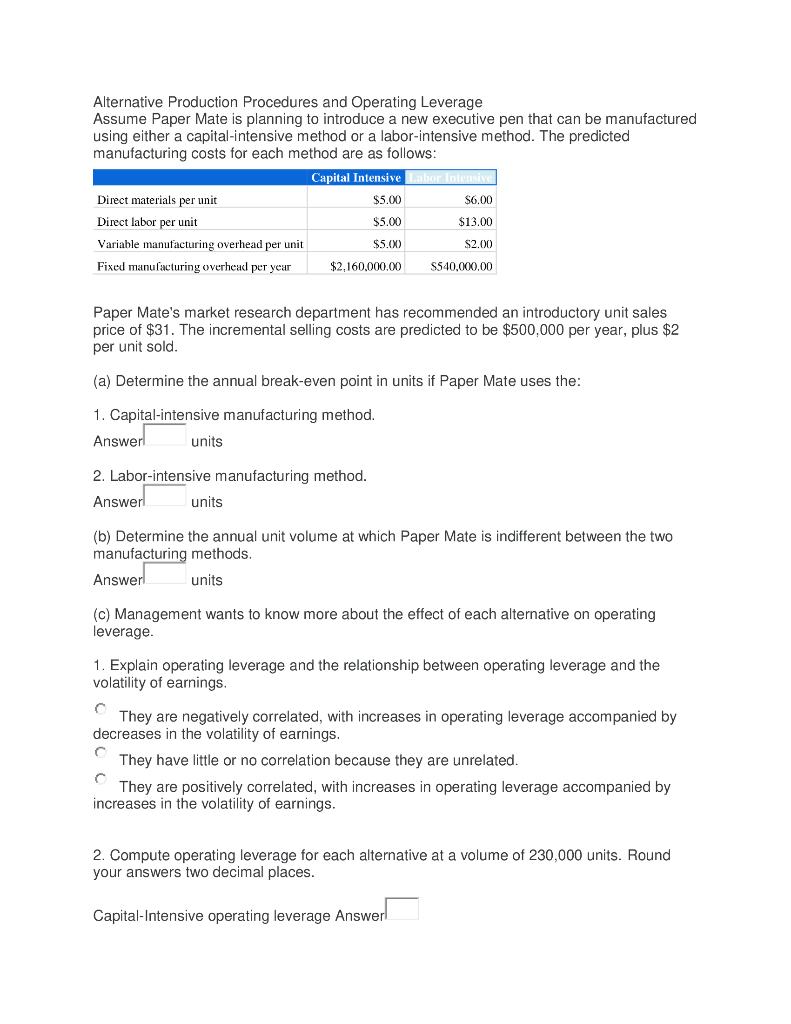Solved Alternative Production Procedures and Operating | Chegg.com