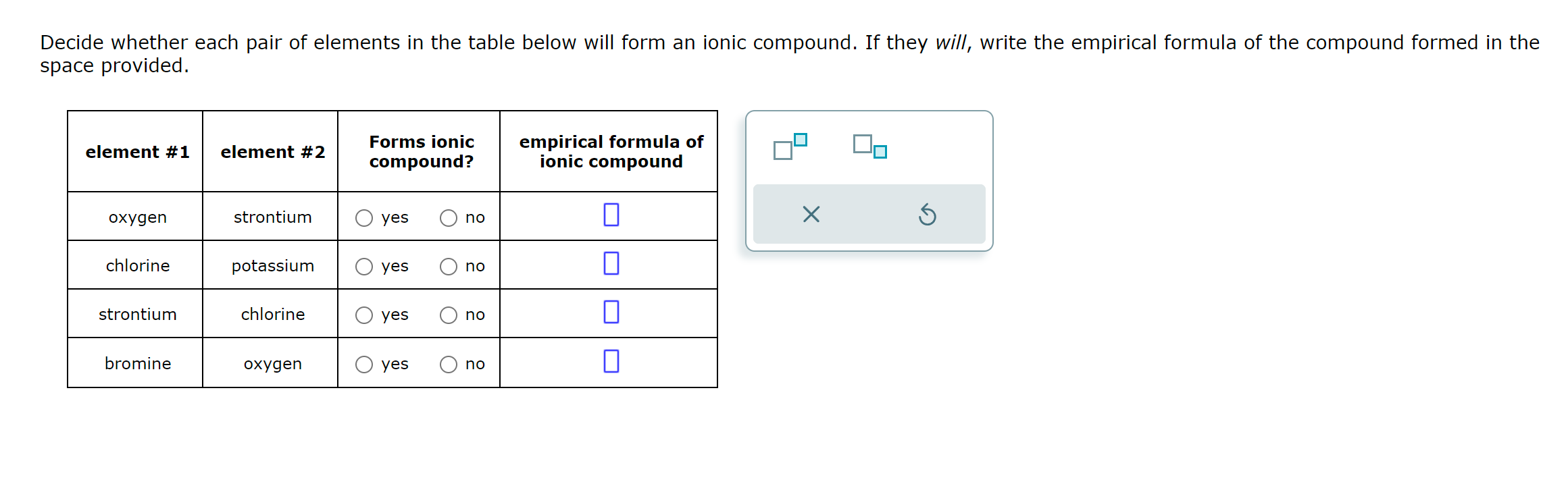 Solved Decide whether each pair of elements in the table | Chegg.com
