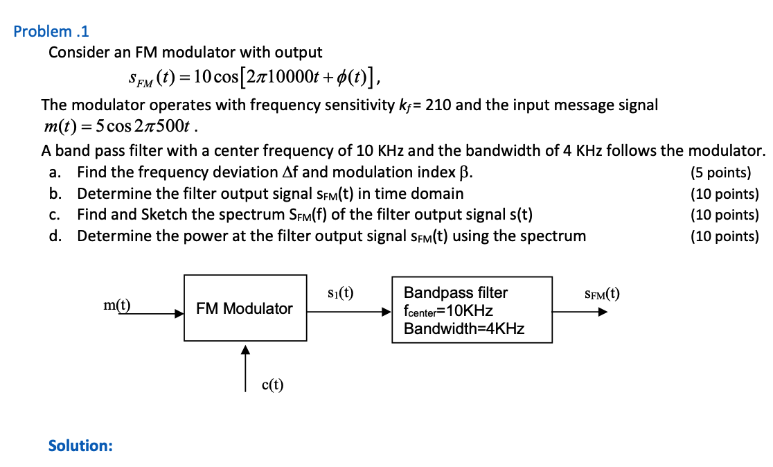 Solved = = Problem .1 Consider an FM modulator with output | Chegg.com