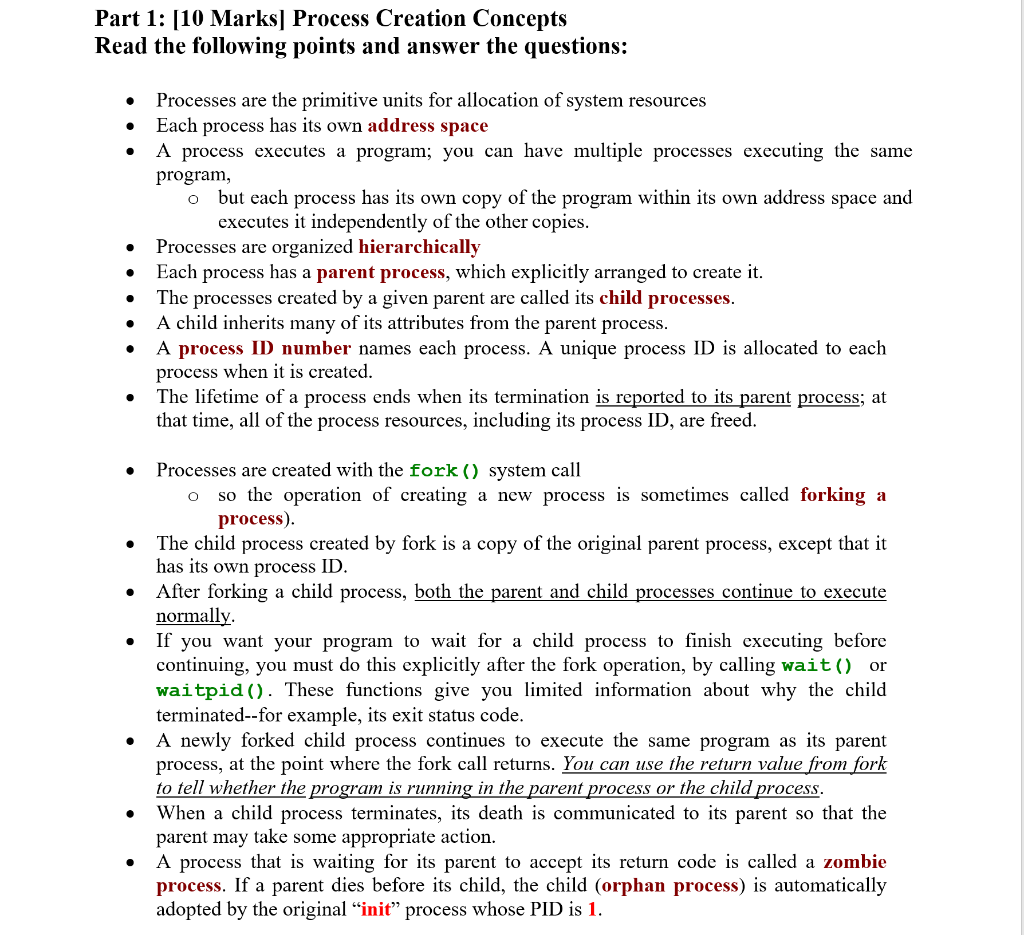 Solved Part 1: [10 Marks] Process Creation Concepts Read the | Chegg.com