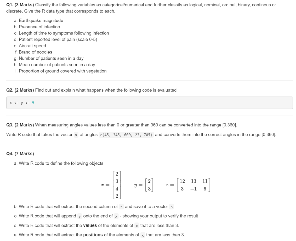Q1. (3 Marks) Classify the following variables as | Chegg.com