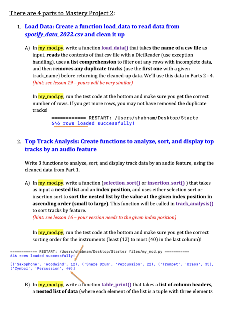 Solved There are 4 parts to Mastery Project 2: 1. Load Data: | Chegg.com