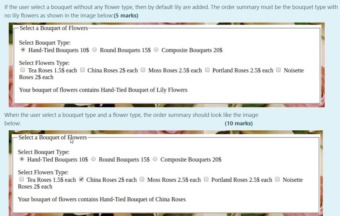 Solved Develop a webpage for an online bouquet selection; | Chegg.com
