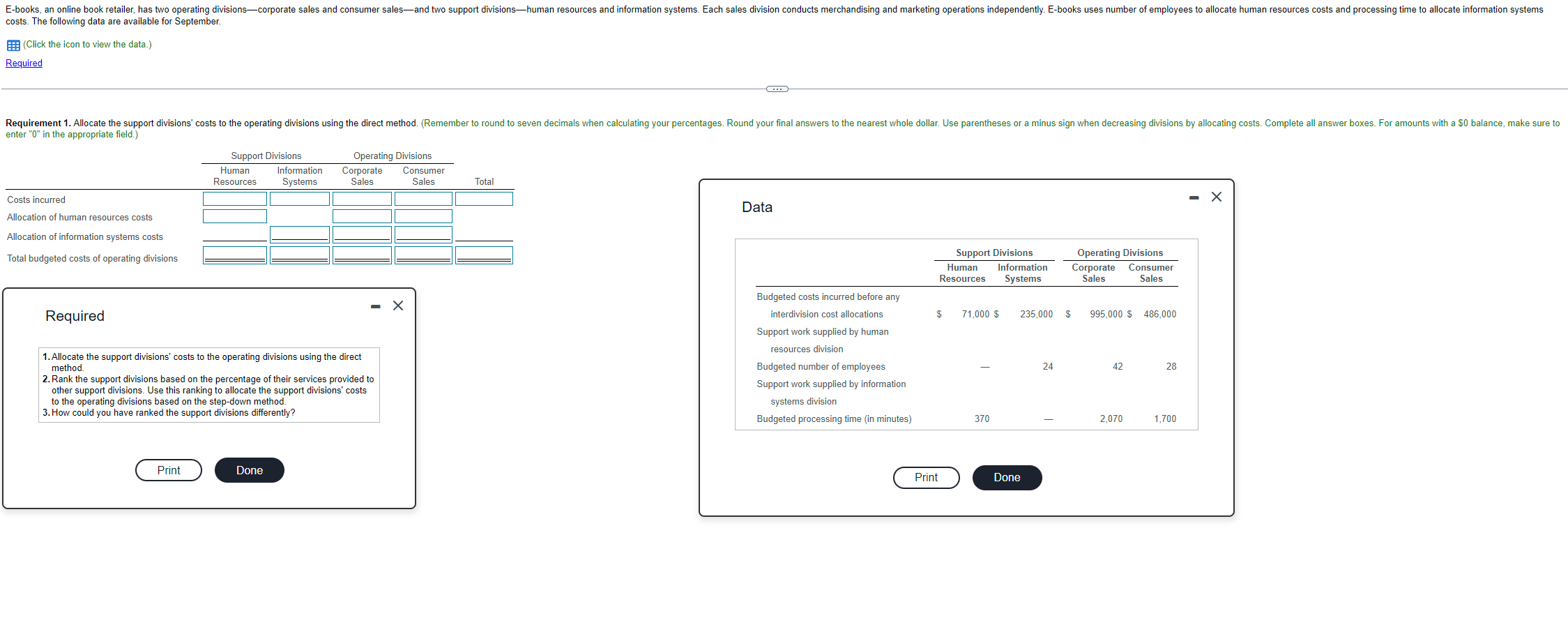 Solved 1. Allocate the support divisions' costs to the | Chegg.com