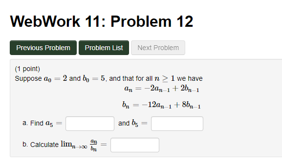 Solved WebWork 11: Problem 12 Previous Problem Problem List | Chegg.com