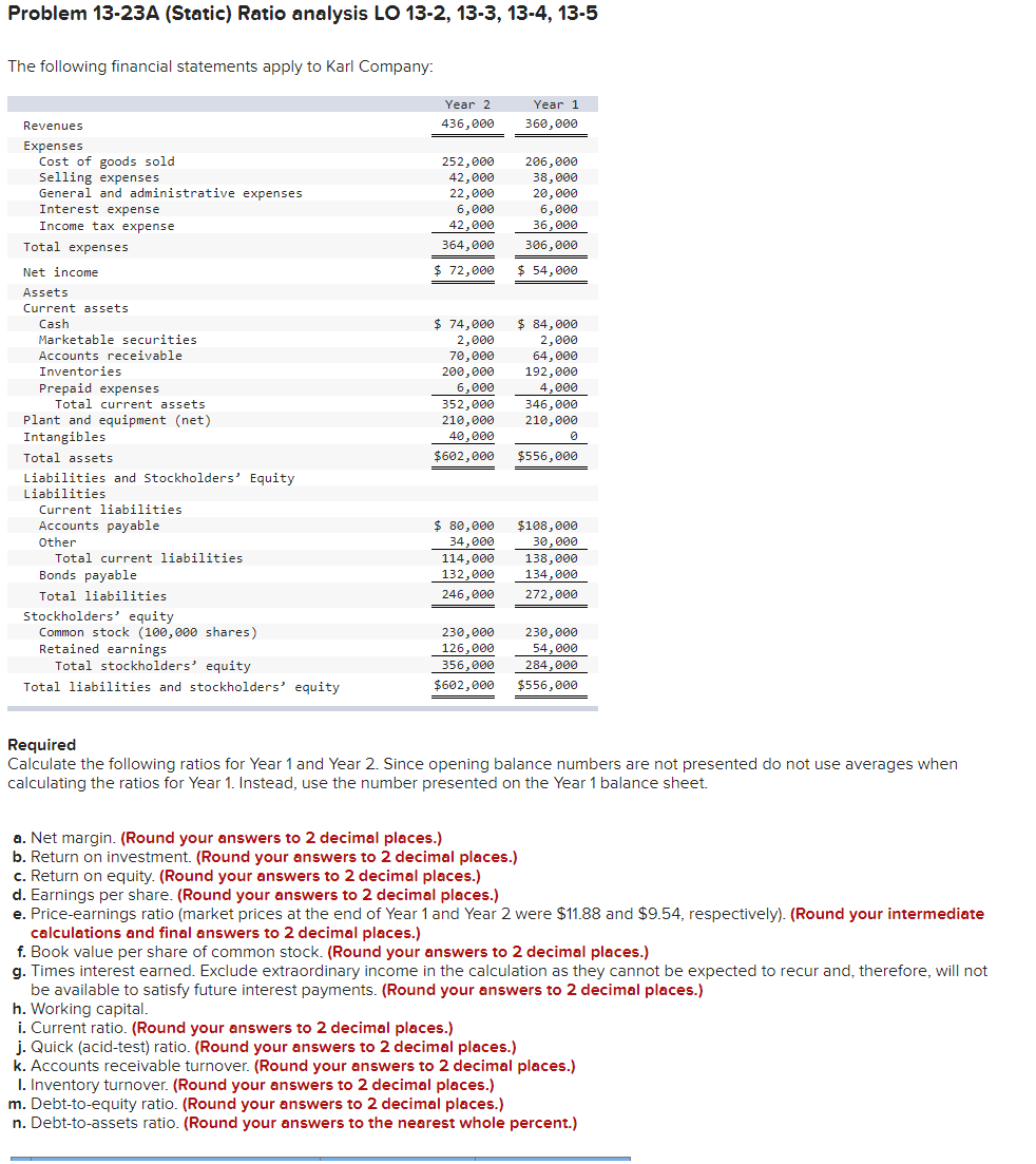 Solved Problem 13-23A (Static) Ratio analysis LO 13-2, 13-3, | Chegg.com