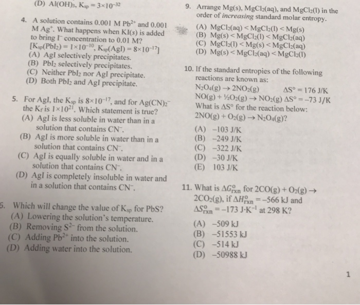 Solved (D) Al(OH)s, Kp-310- 9. Arrange Mg(s), MgCl2(aq), and | Chegg.com