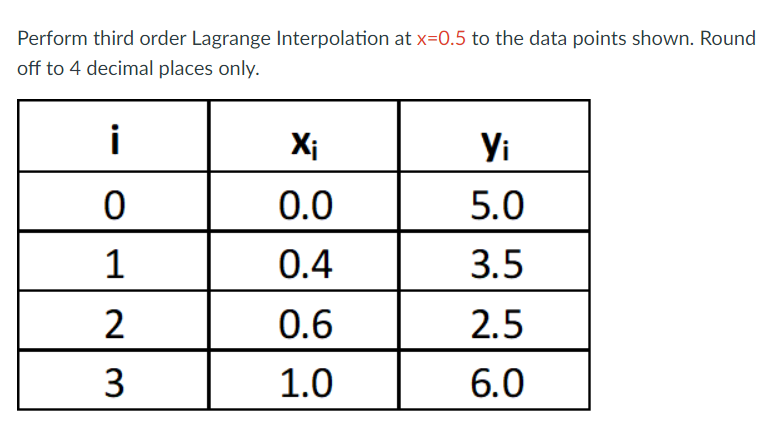 Solved Perform third order Lagrange Interpolation at x=0.5 | Chegg.com