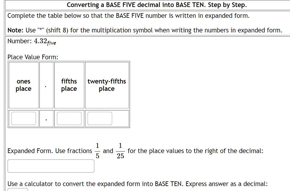 Solved Converting a BASE FIVE decimal into BASE TEN. Step by | Chegg.com