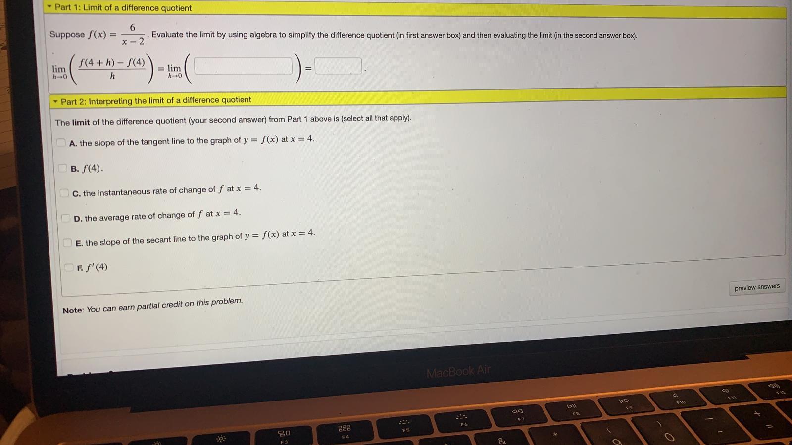 Solved Part 1: Limit of a difference quotient 6 Suppose f(x) | Chegg.com