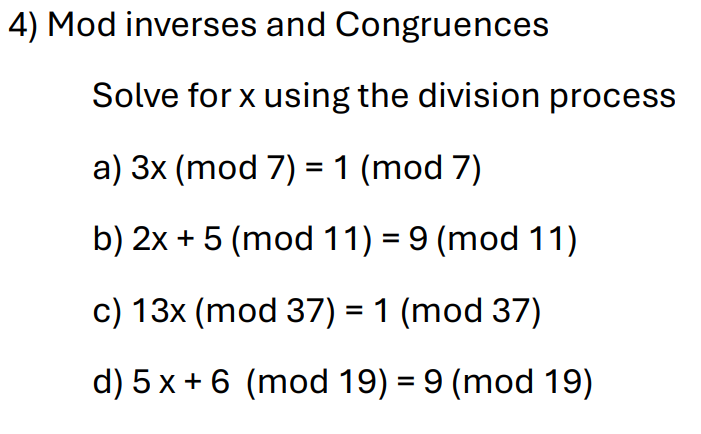Solved Mod inverses and CongruencesSolve for x ﻿using the | Chegg.com