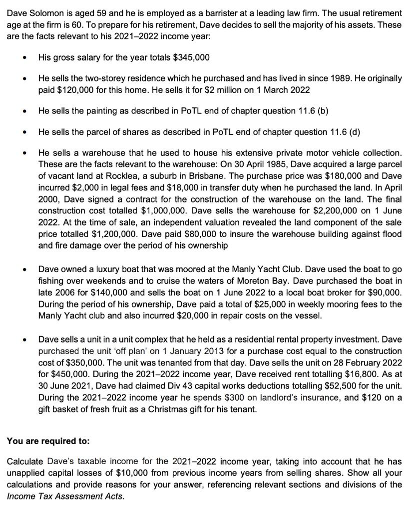 Dave Solomon is aged 59 and he is employed as a | Chegg.com