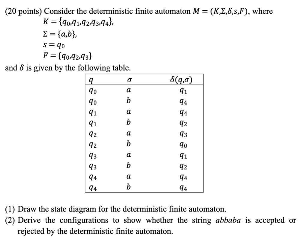 Solved (20 points) Consider the deterministic finite | Chegg.com
