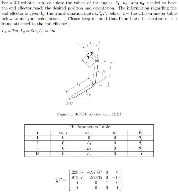 Solved For a 3R robotic arm, calculate the values of the | Chegg.com