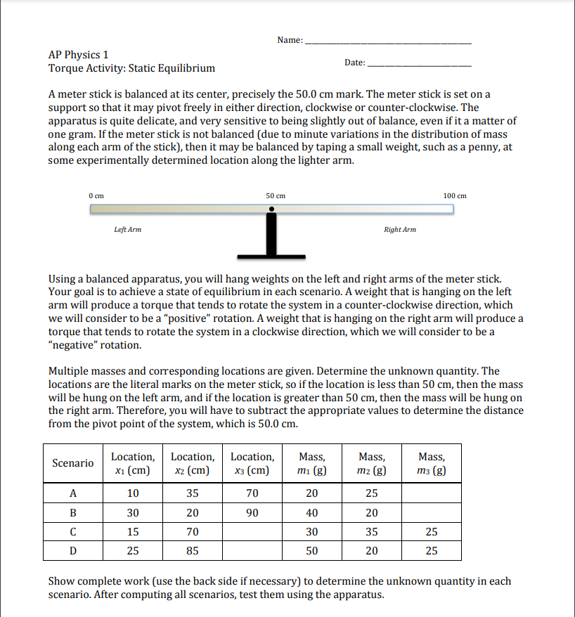 Solved Name: AP Physics 1 Torque Activity: Static | Chegg.com