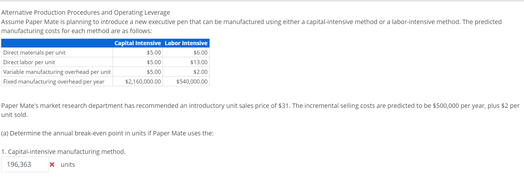 Alternative Production Procedures and Operating | Chegg.com