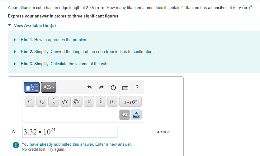 Solved A pure titanium cube has an edge length of 2.85 in | Chegg.com