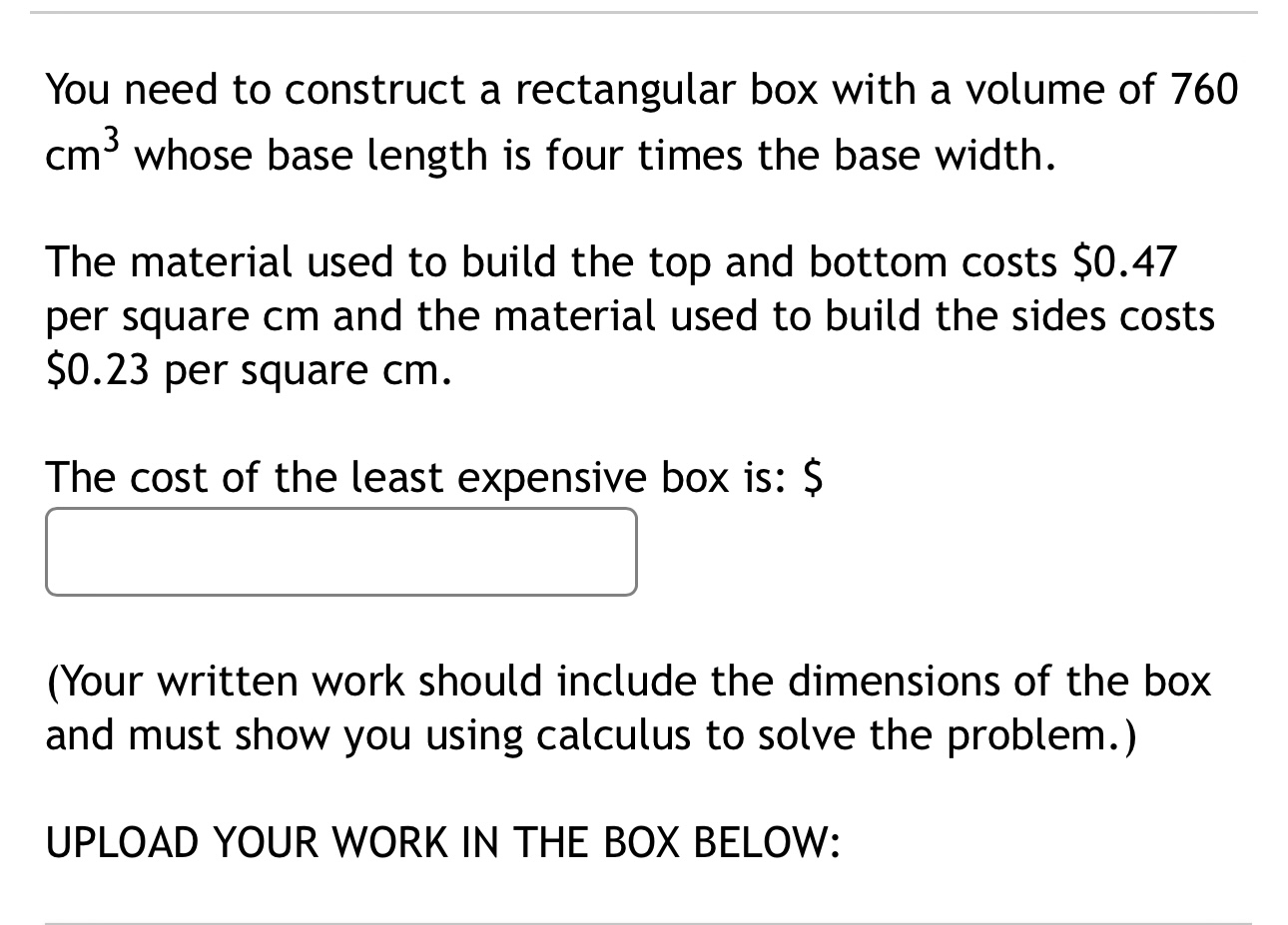 Solved You need to construct a rectangular box with a volume | Chegg.com